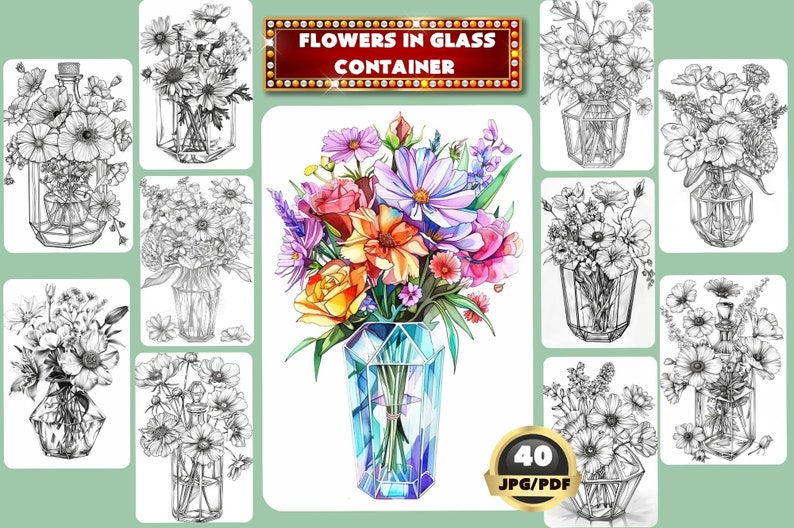 Floral Coloring Book: Flowers in Glass, Grayscale Art (printable PDF ...