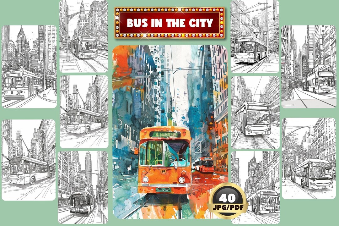 Bus in the City Coloring Book, Street Landscape, Grayscale Coloring ...
