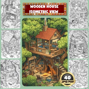 Isometric Wooden House Coloring Book: Architect Grayscale (printable ...