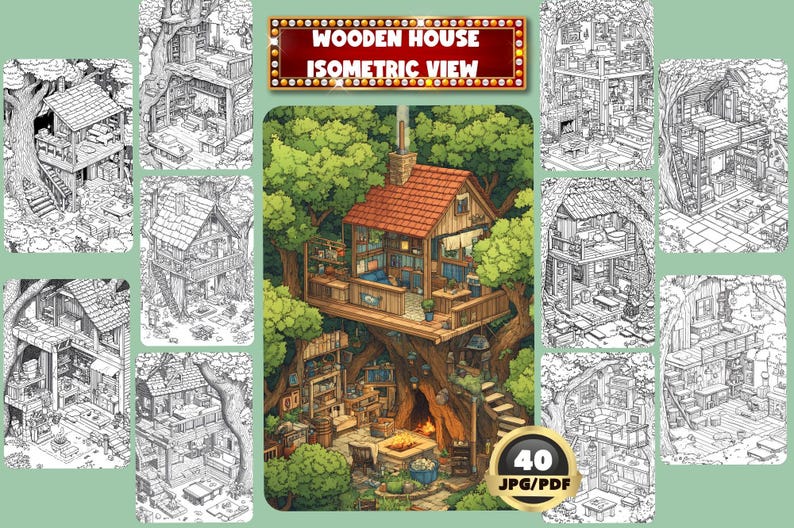 Isometric Wooden House Coloring Book: Architect Grayscale (printable ...