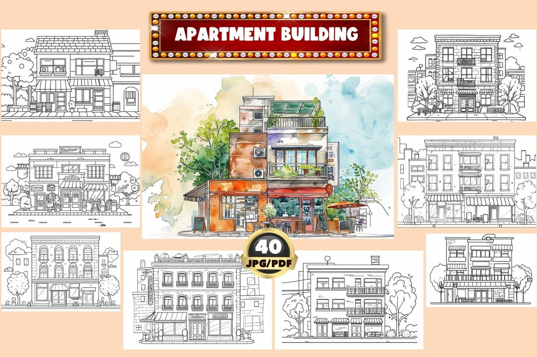 Apartment Building Coloring Book: Grayscale House Fronts (printable PDF ...