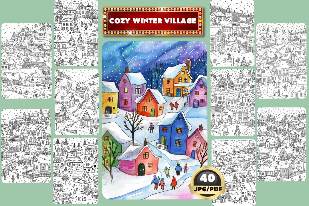 Cozy Winter Village Coloring Book, Houses Coloring, Winter Houses ...