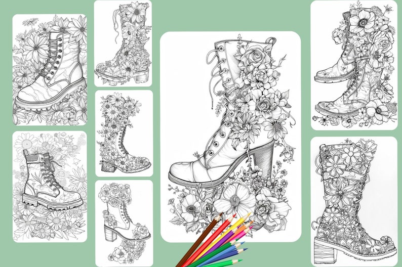 Floral Boot Grayscale Coloring Book: 35 Fantasy Flower Designs ...