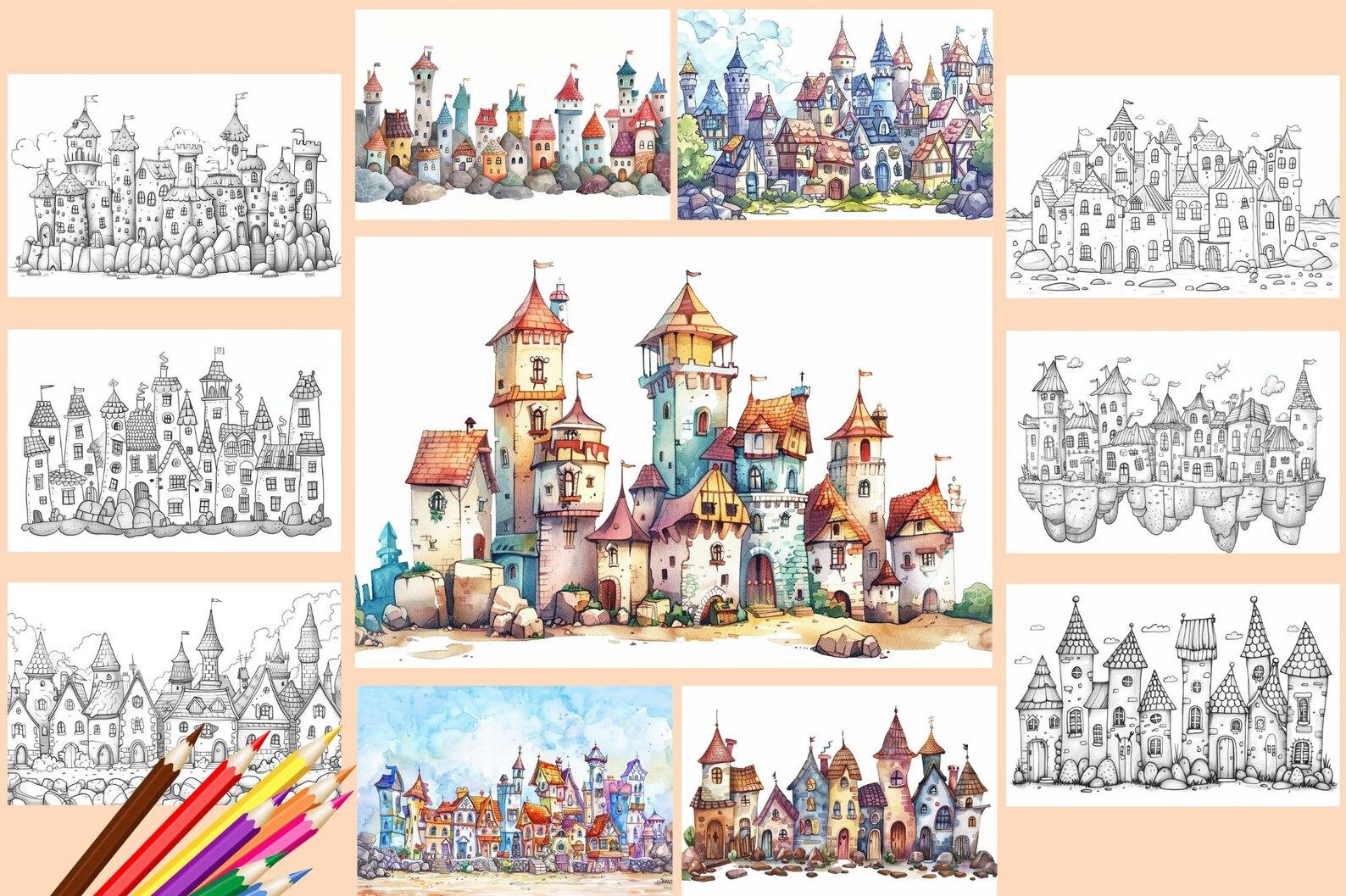 Fantasy City With Building Digital Coloring Book: House Architect ...