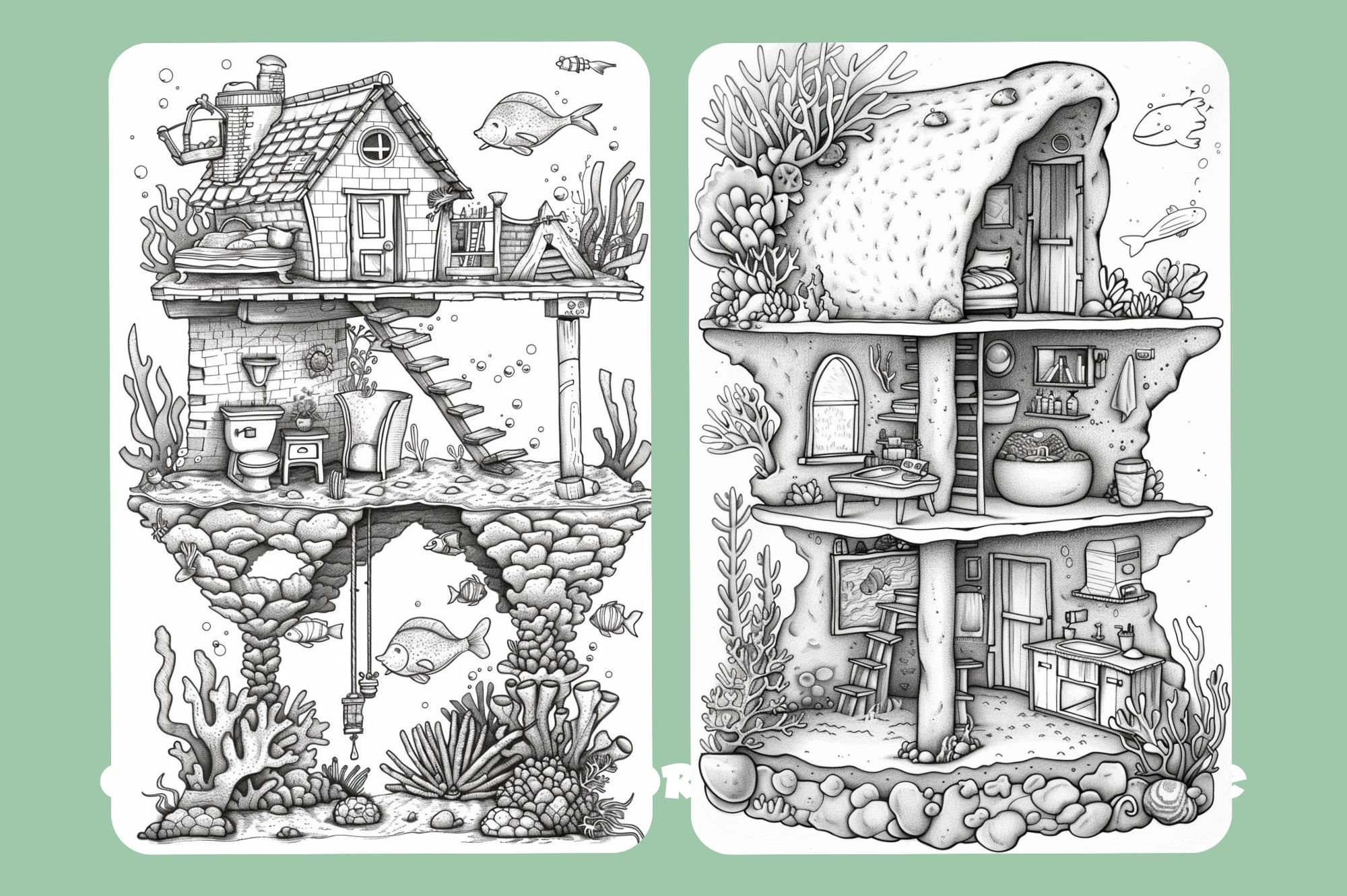 Underwater House Cross Section Coloring Book: Grayscale Architect ...