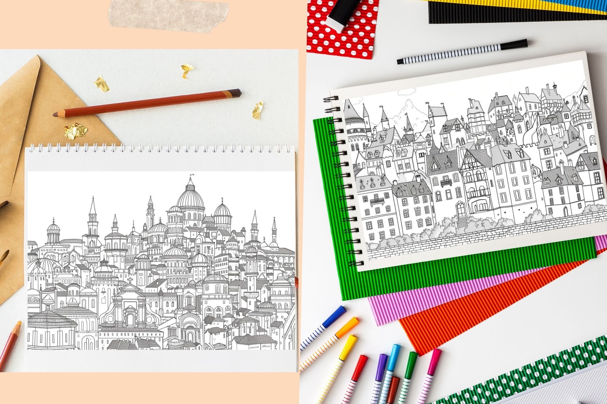 City Buildings Coloring Book, Printable PDF, Landscape Coloring, City ...