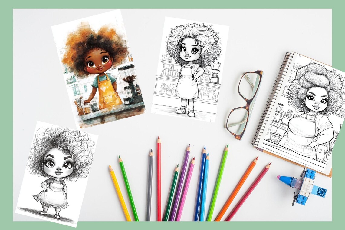 Chibi Coffee Shop Waitress Coloring Book, Black Chibi Waitress Girl ...