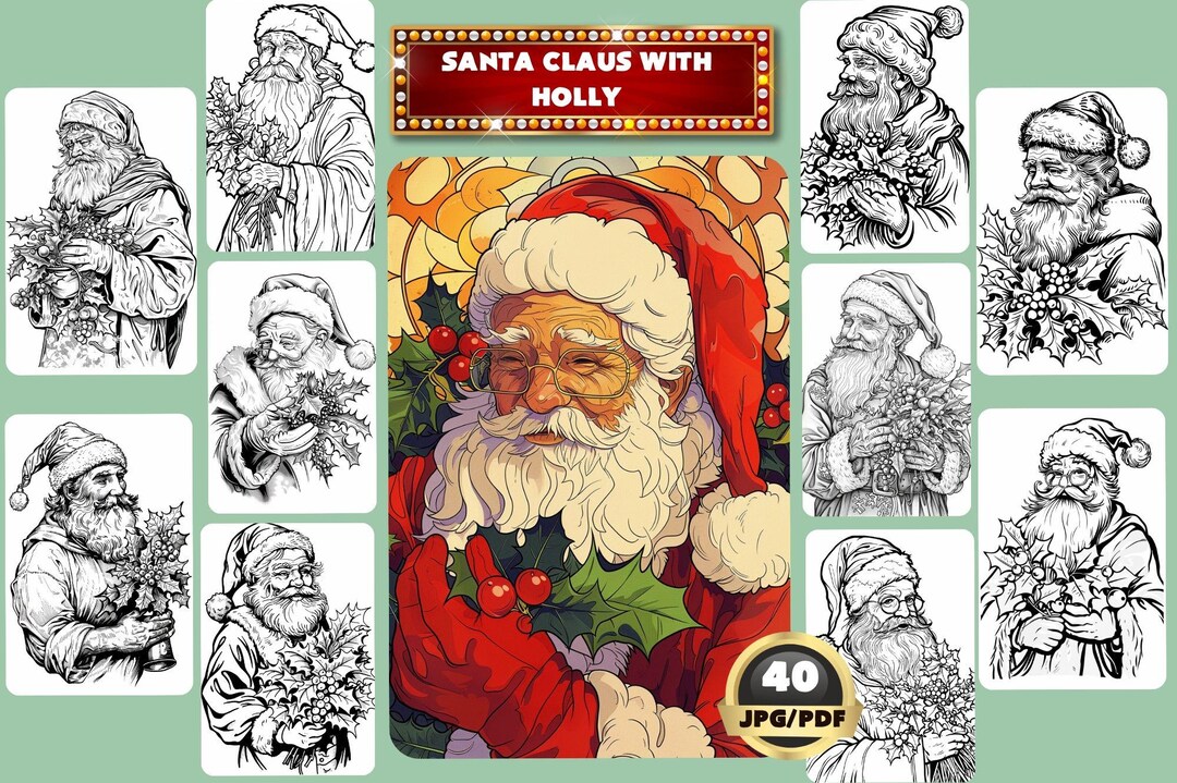 Santa Claus With Holly Digital Coloring Book, Christmas Coloring ...