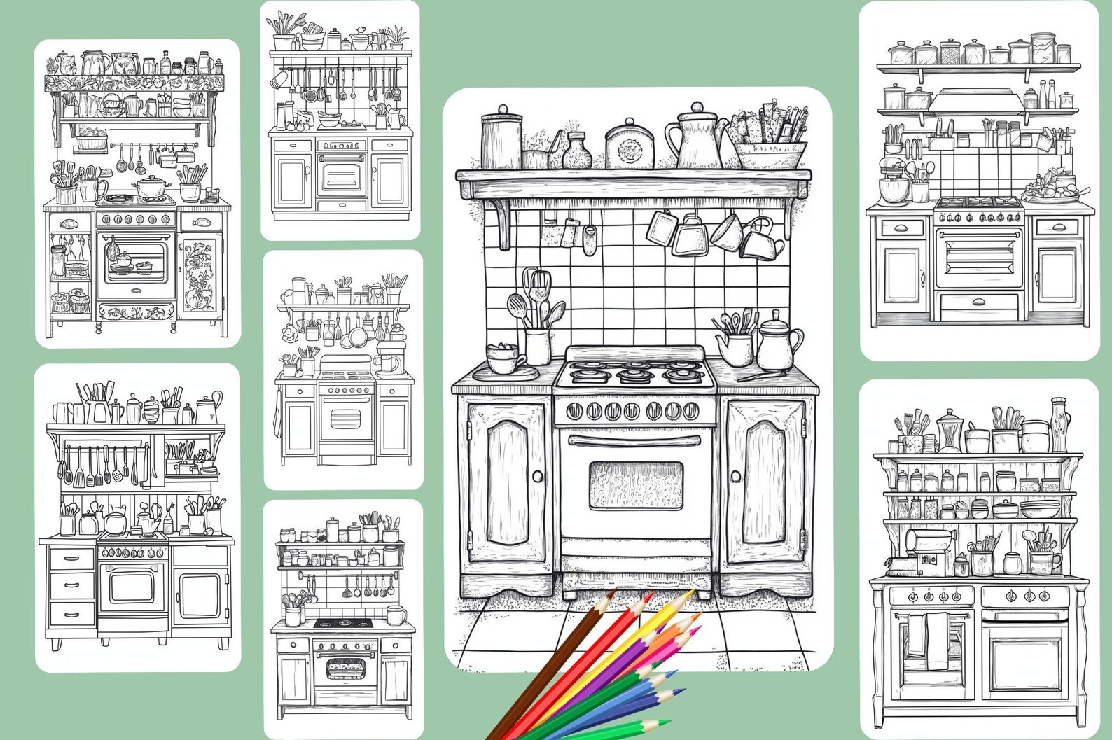 A Cozy Kitchen Scene With Oven Coloring Book, Kitchen Interior Design ...