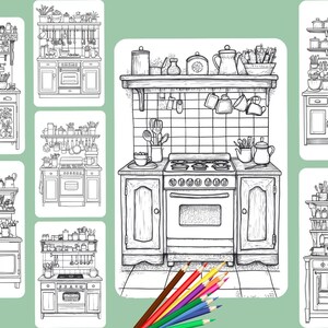 A Cozy Kitchen Scene With Oven Coloring Book, Kitchen Interior Design ...