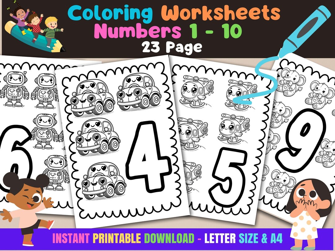Numbers 1-10 Coloring Worksheets, Kids Numbers Coloring, Fun Number ...