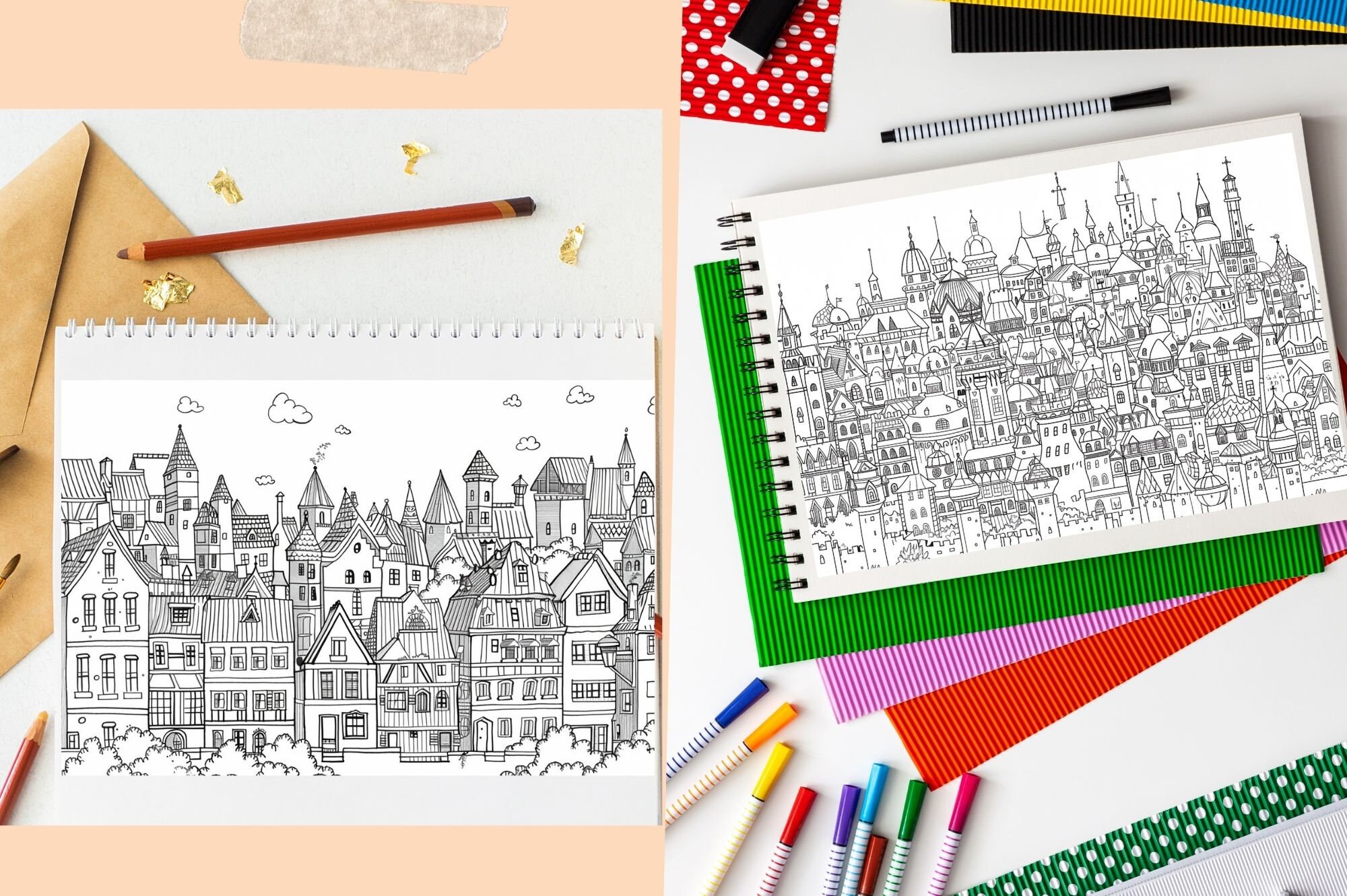 City Buildings Coloring Book, Printable PDF, Landscape Coloring, City ...