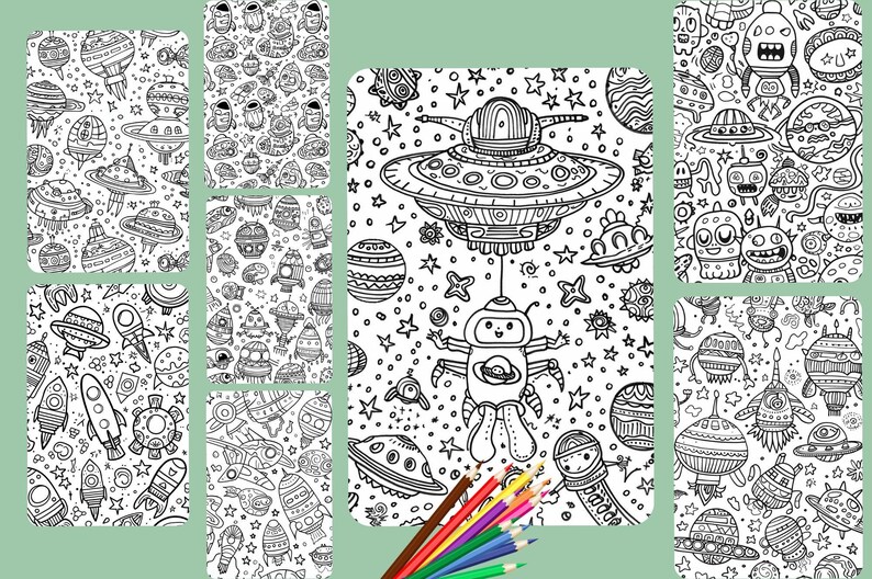 Spaceship and Alien Coloring Book, Doodle Coloring, Relaxing and ...