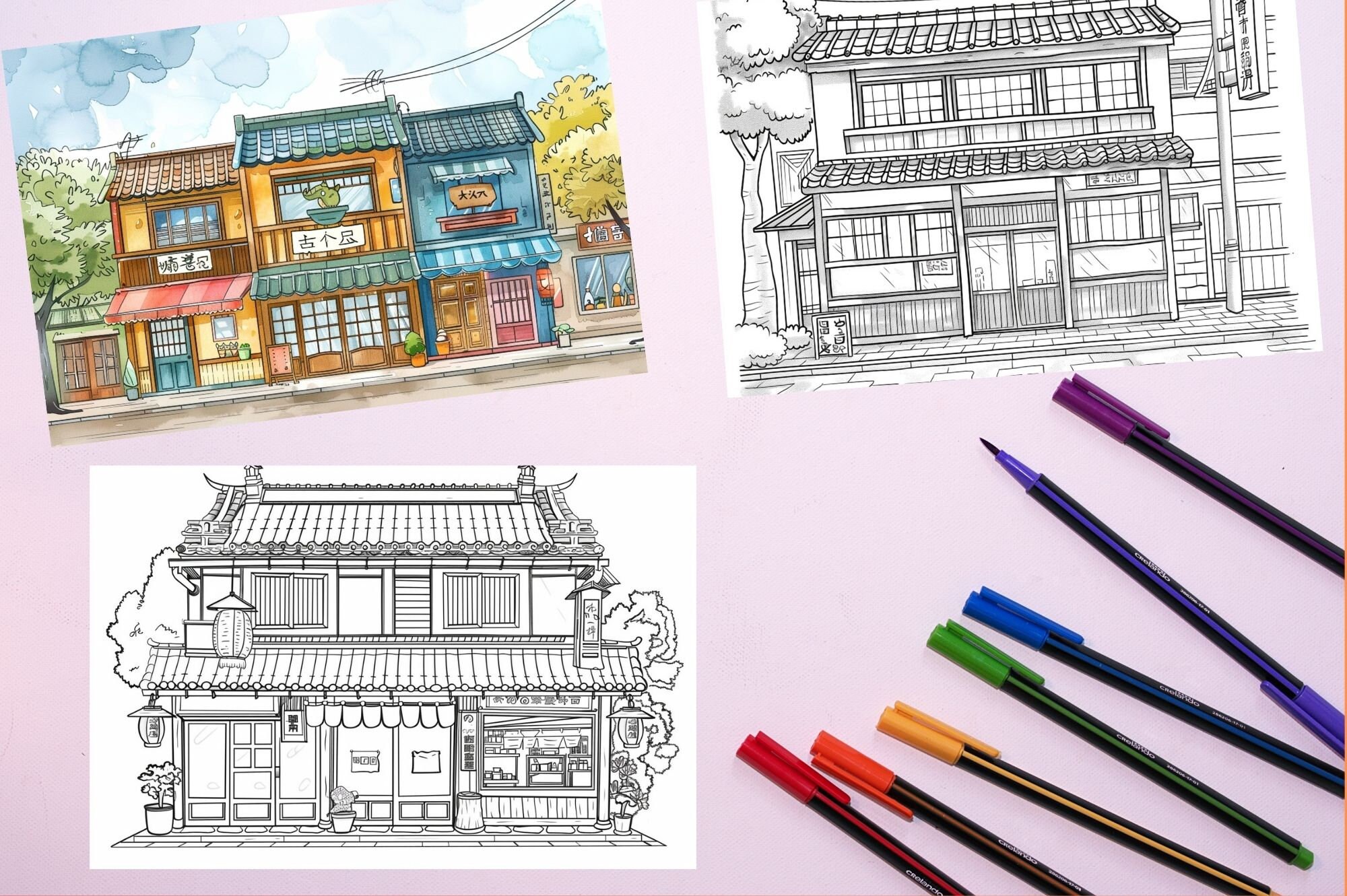 Japanese Restaurant Coloring Book: Grayscale Shopfronts (printable PDF ...