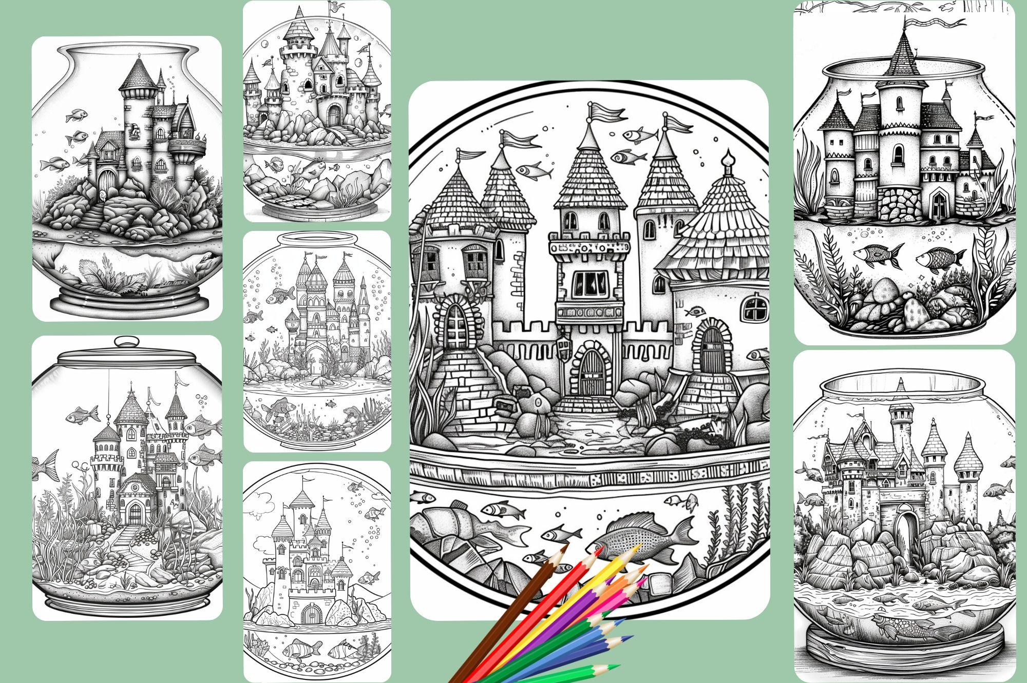 Fish and Small Castle in Fish Bowl Coloring Book, Fish Tank Coloring ...