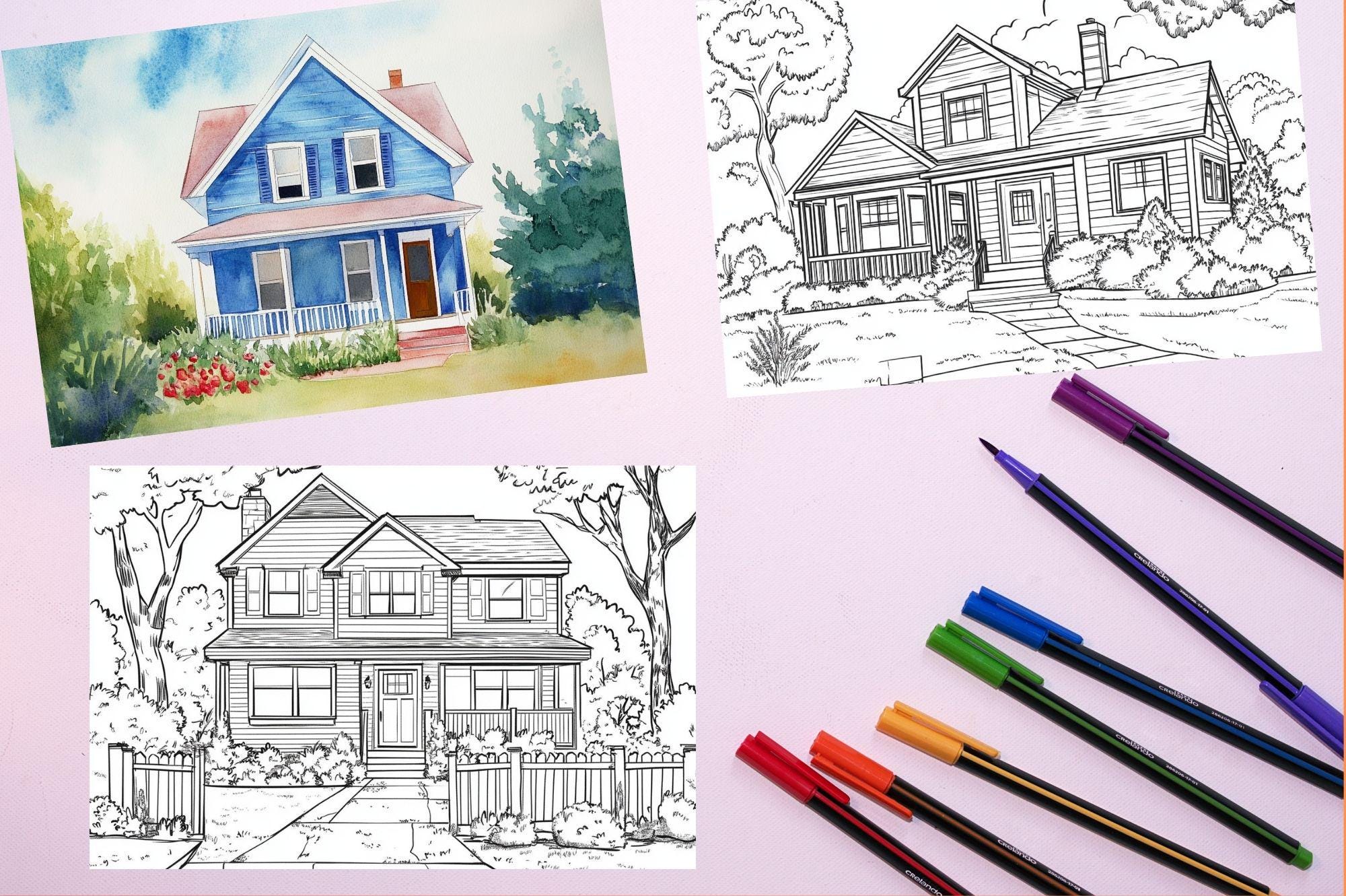 Beautiful House With Garden Digital Coloring Book, Single House With ...