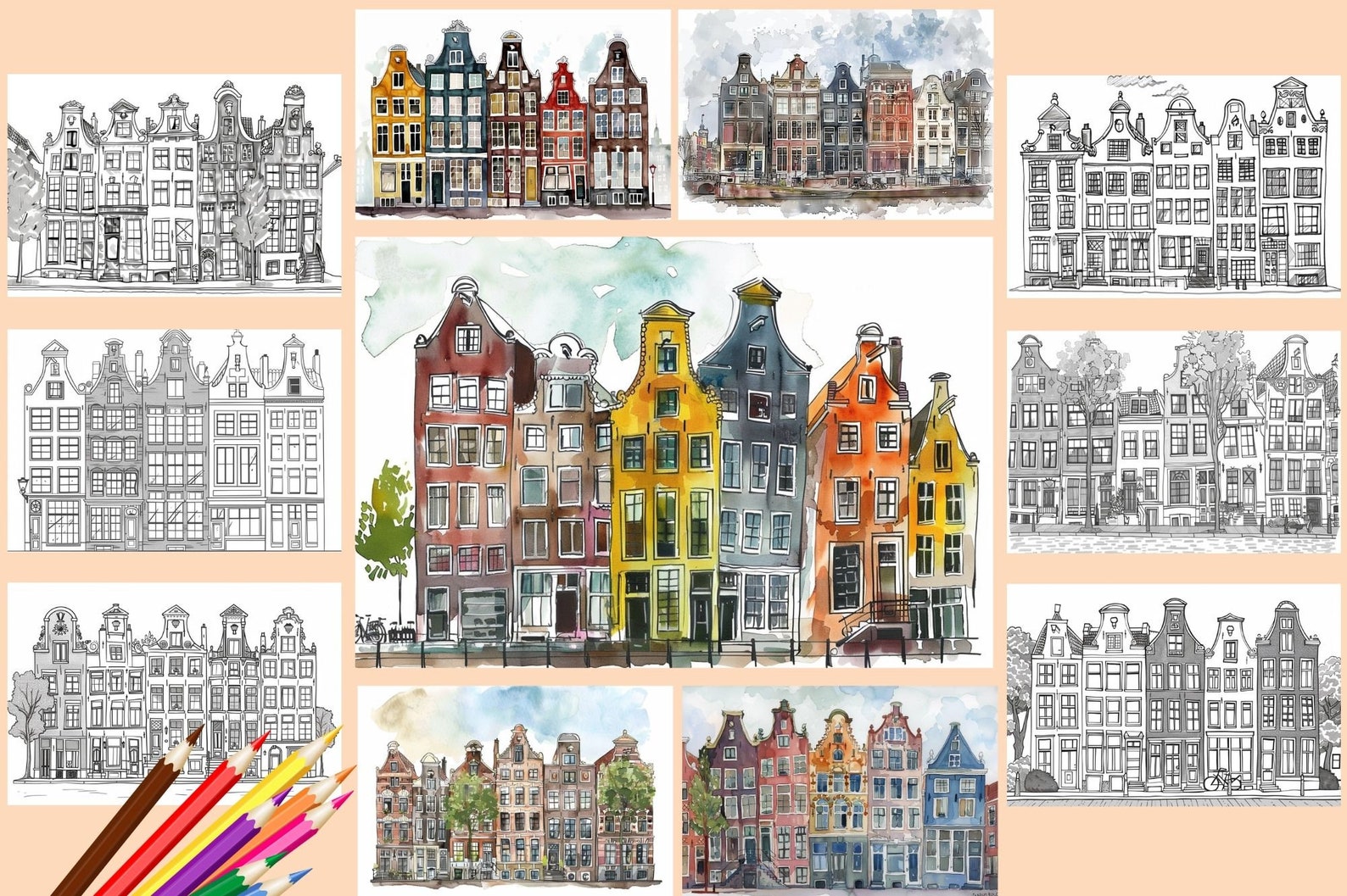 Houses in Amsterdam Coloring Book, Netherlands City, House Coloring ...