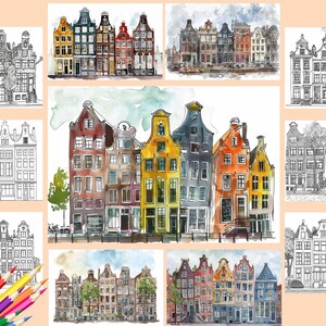 Amsterdam Houses Coloring Book: Grayscale Netherlands Cityscapes ...