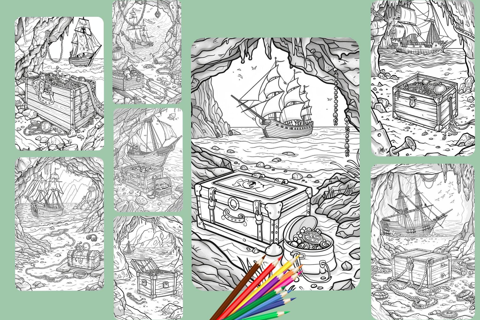 Treasure Hunting Pirate Ships Digital Coloring Book, Pirate Ships ...