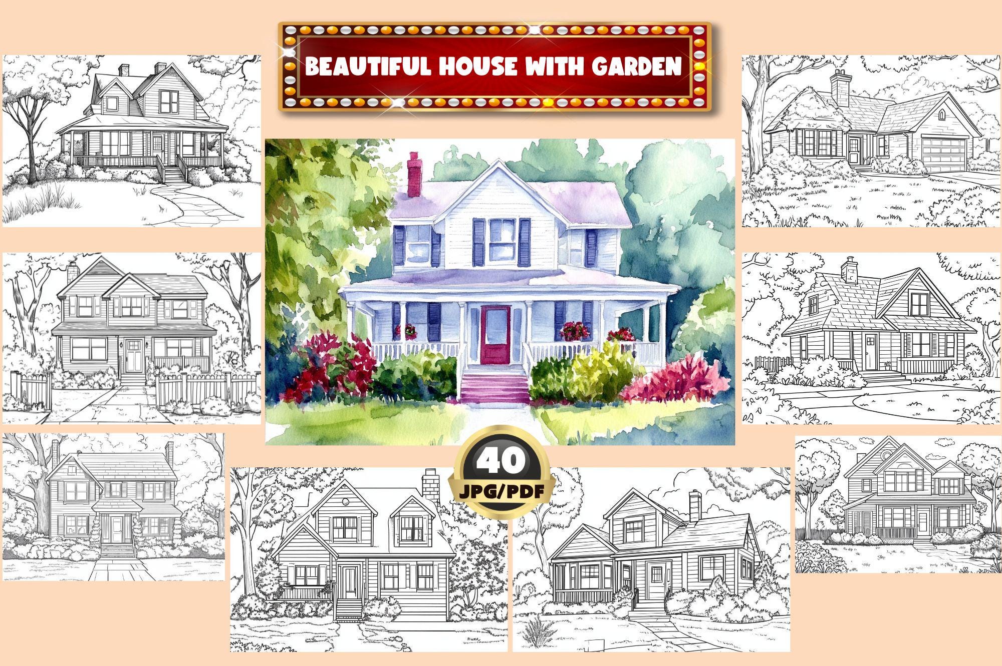 Beautiful House With Garden Digital Coloring Book, Single House With ...