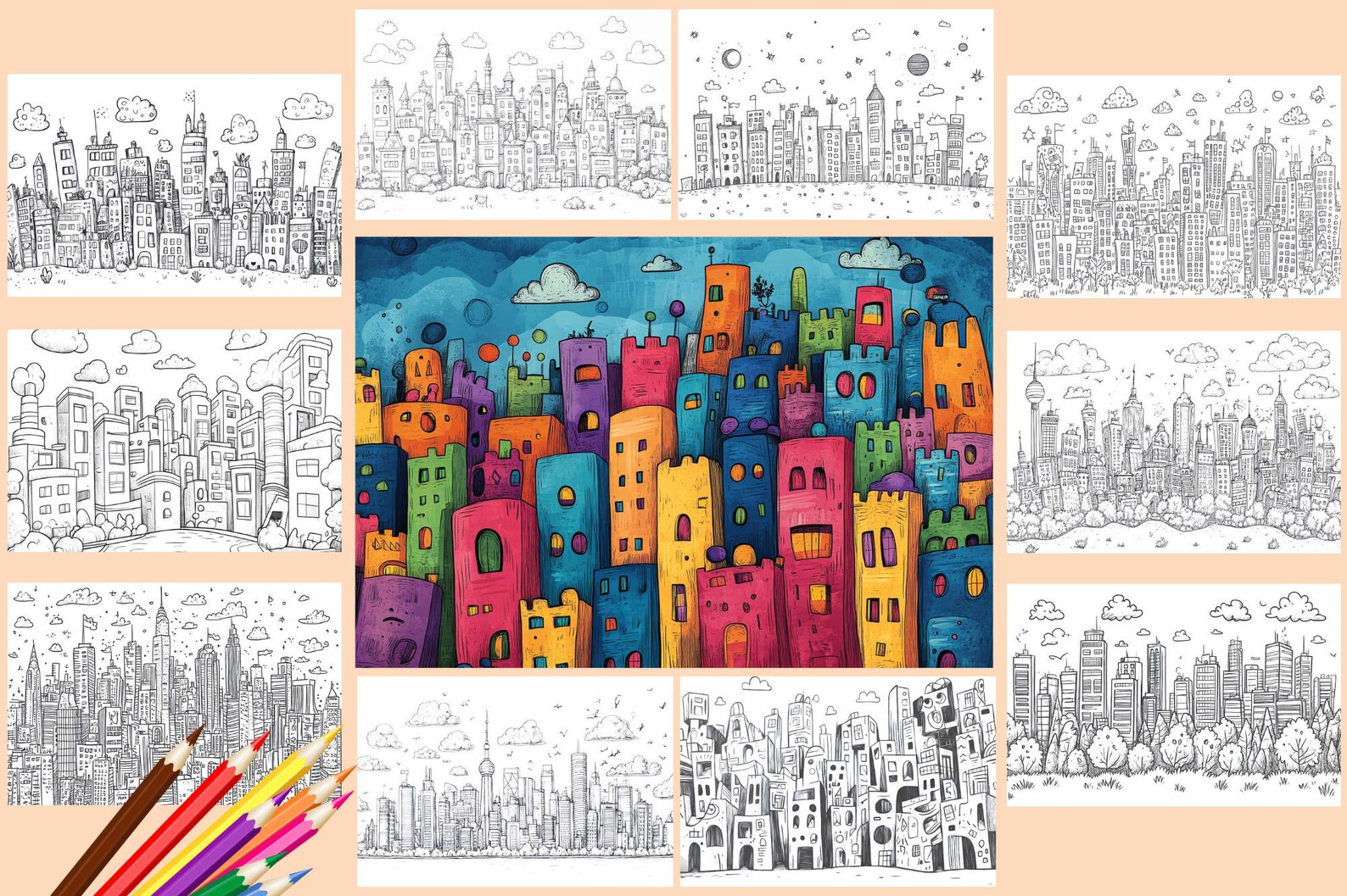 Art Building Coloring Book, City Buildings Coloring, Fantasy City ...