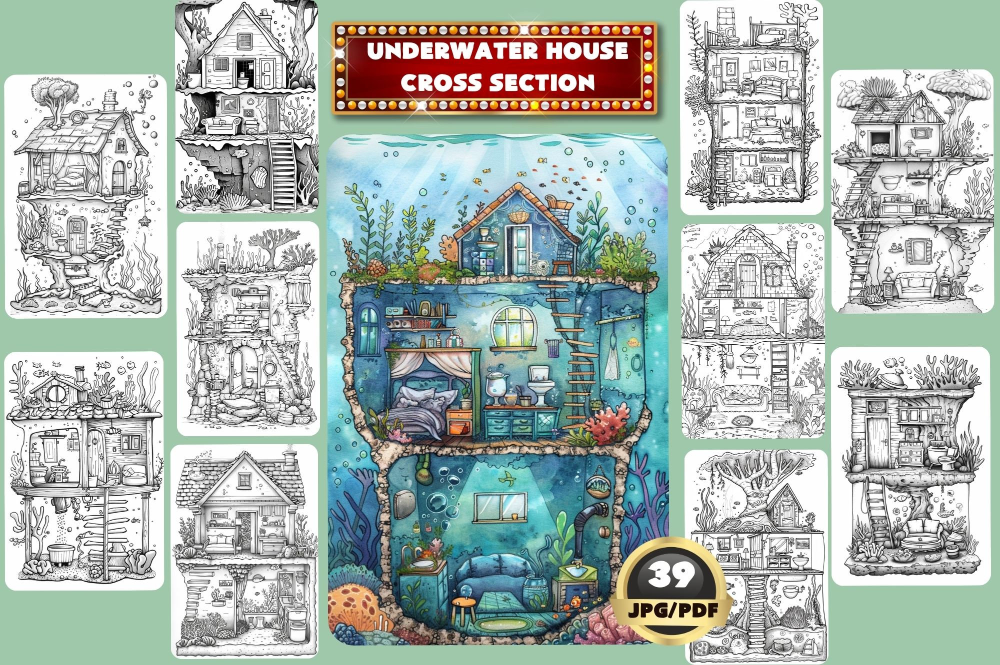 Underwater House Cross Section Coloring Book: Grayscale Architect ...