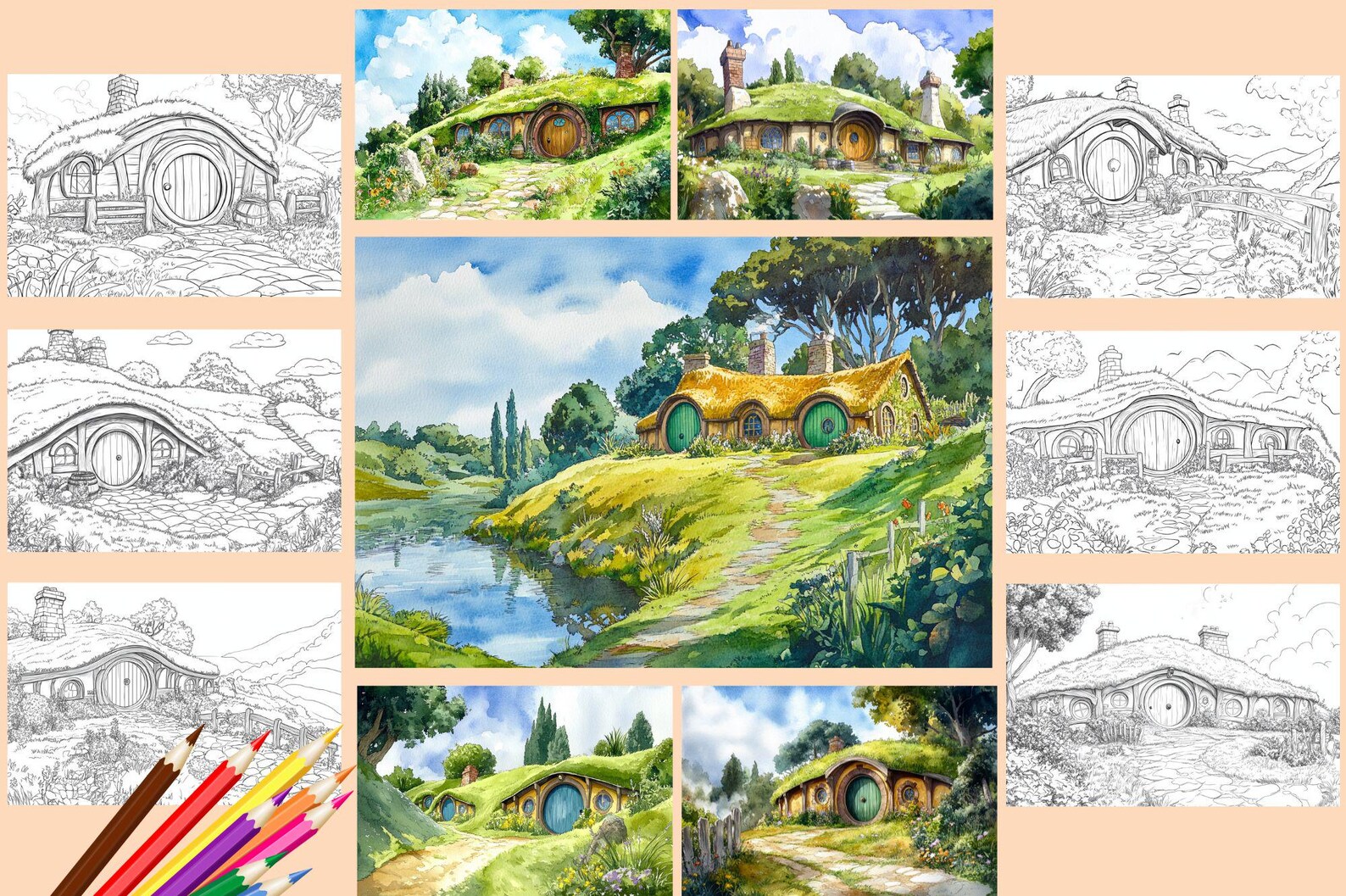 Home Hobbiton Island Digital Coloring Book, Digital Coloring, Fantasy ...
