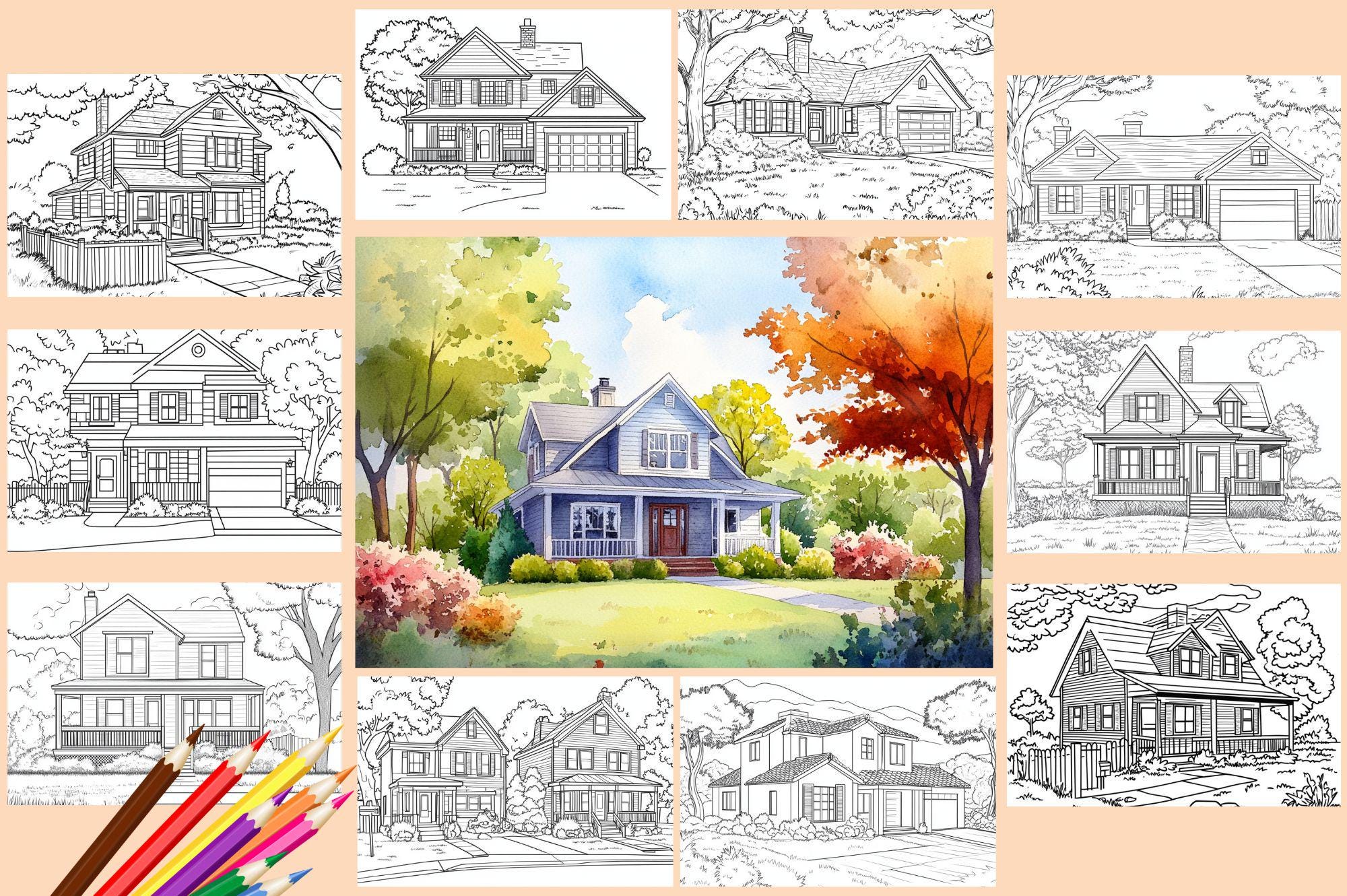 Beautiful House With Garden Digital Coloring Book, Single House With ...