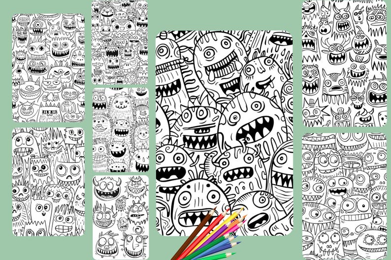 Friendly Monster Faces Digital Coloring Book, Doodle Coloring ...