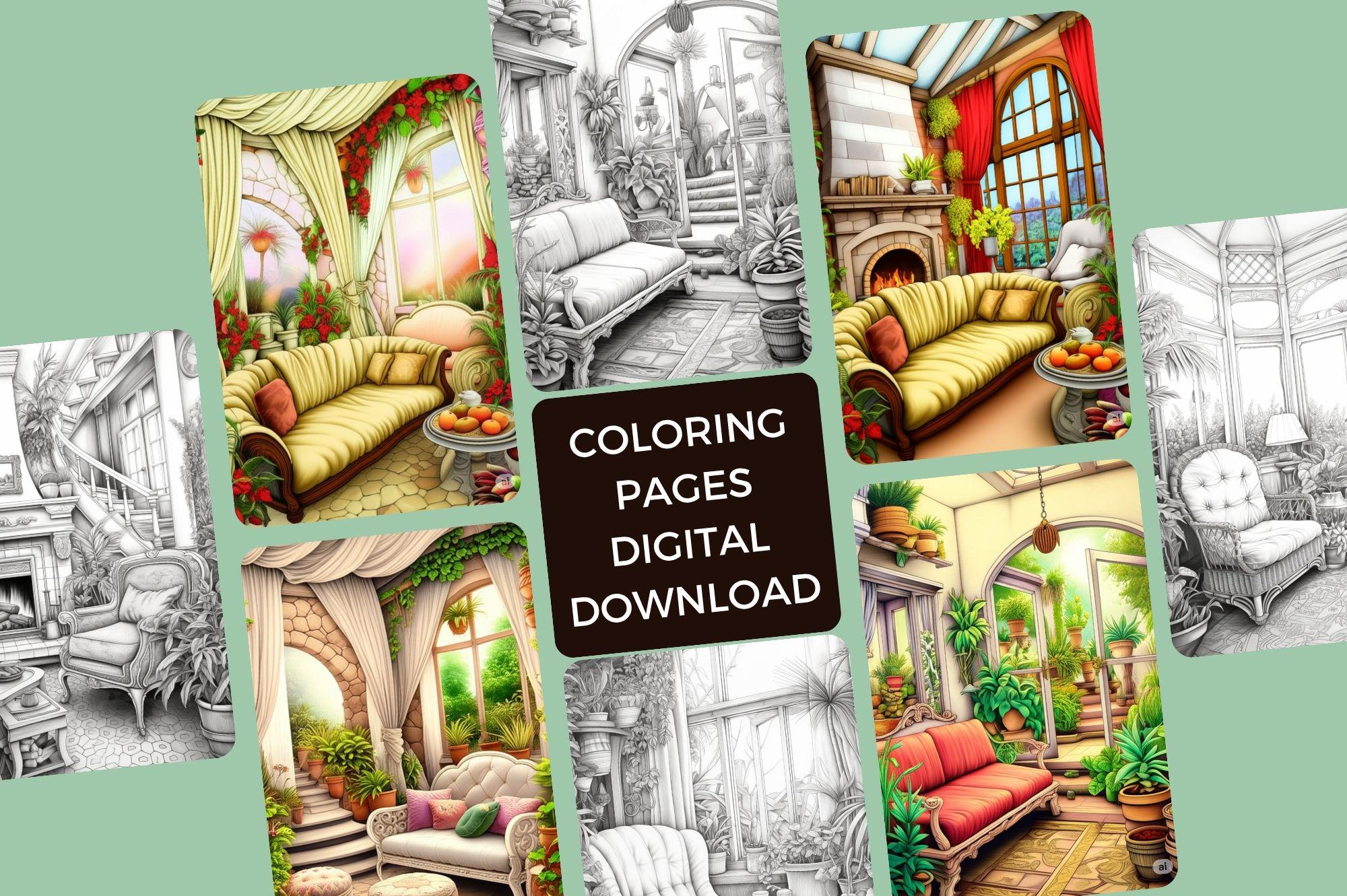 Boho Interior Coloring Book: Cozy Room Designs (printable PDF, JPG ...