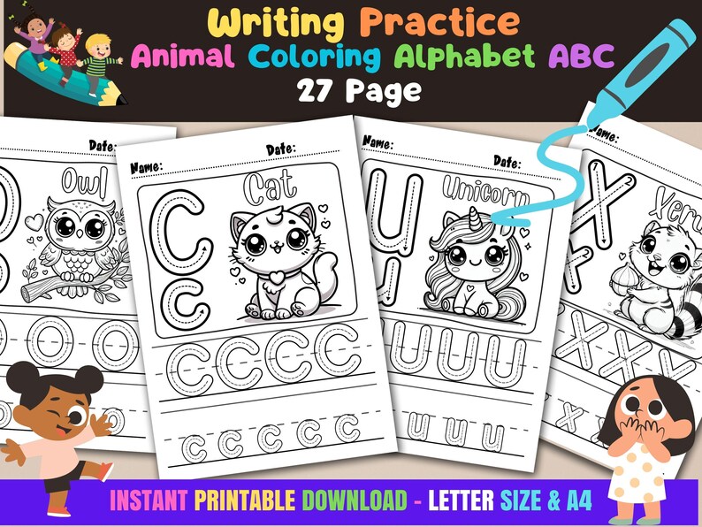 Animal Alphabet Coloring Book, ABC Writing Practice Worksheets, A to Z ...