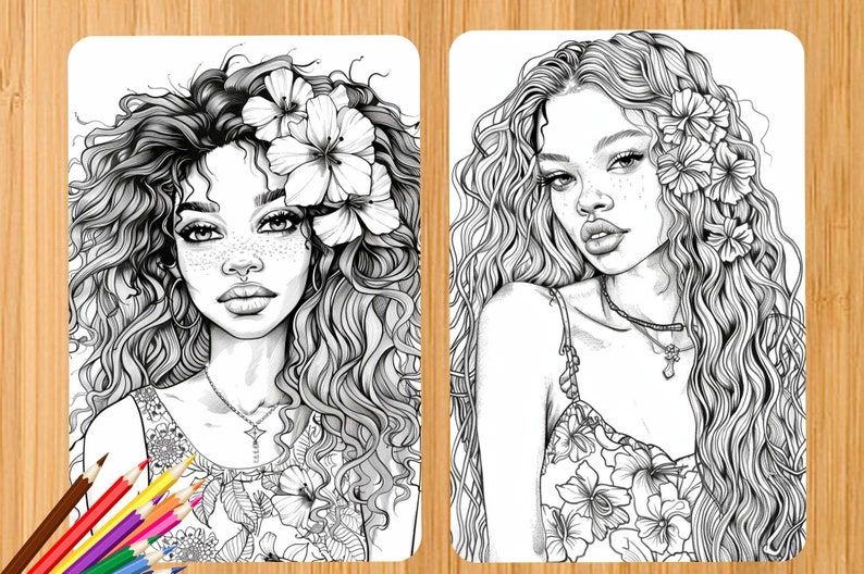 Floral Long Hair African Girl Coloring Pages, Fantasy Women Coloring ...