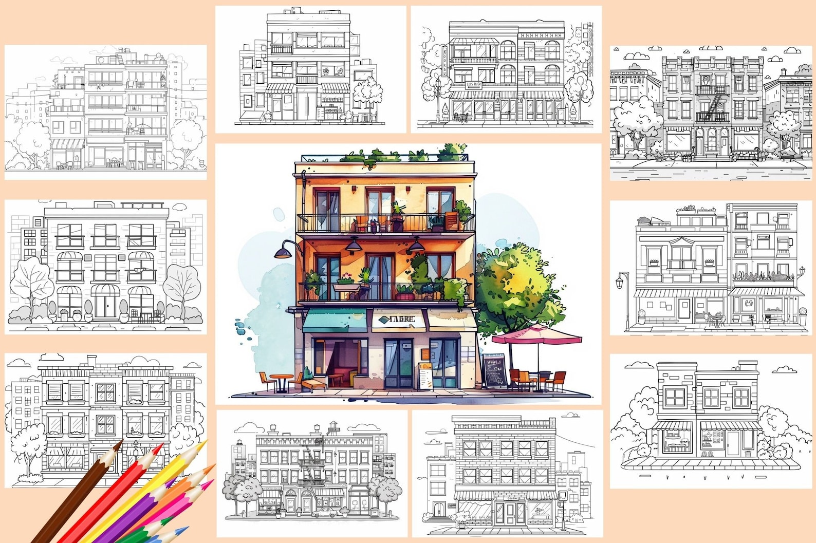 Apartment Building Coloring Book: Grayscale House Fronts (printable PDF ...