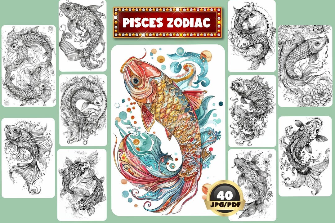 Pisces Zodiac Coloring Book, Grayscale Coloring Pages, Astrology ...