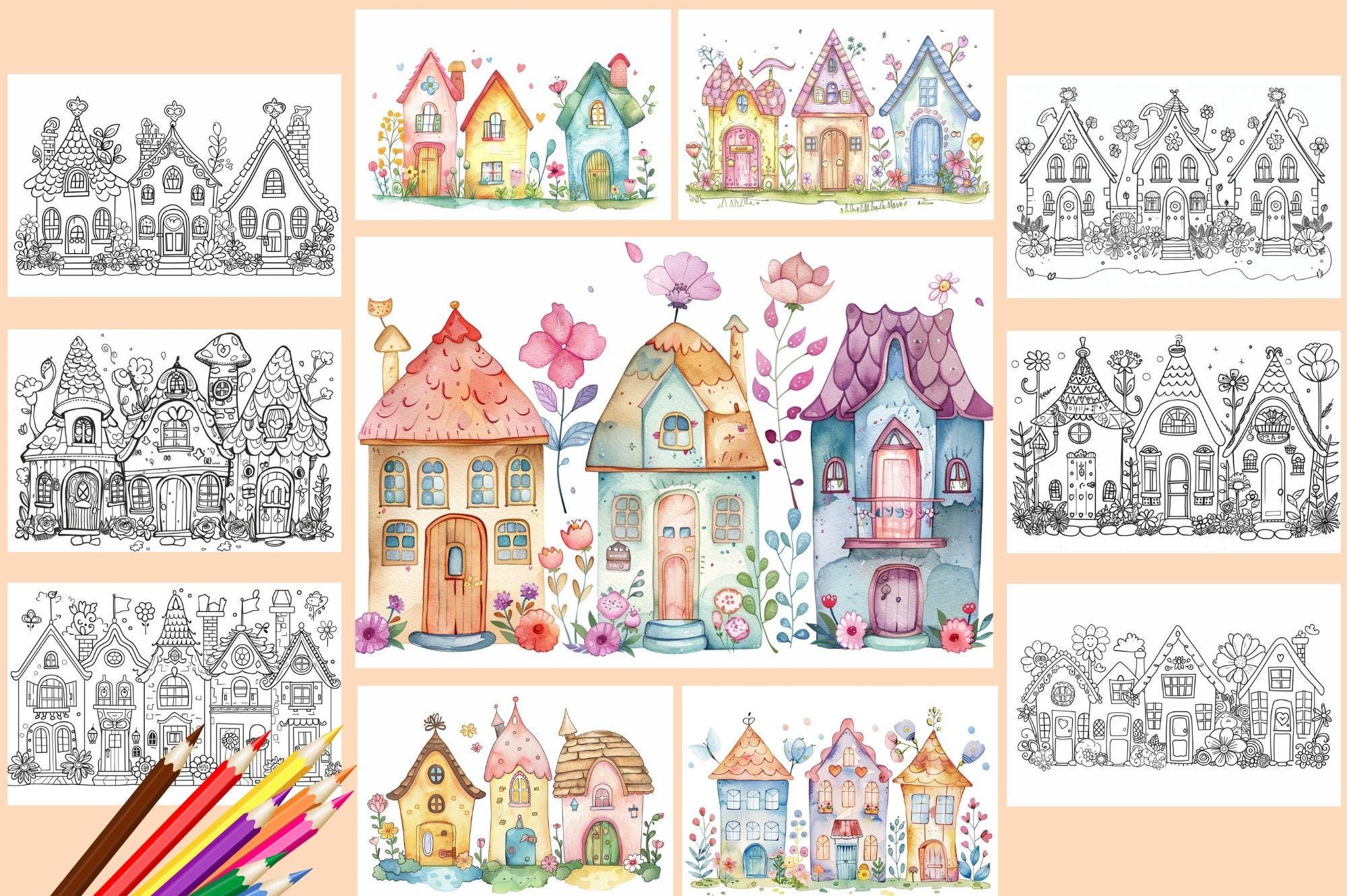 Kawaii Cartoon House Coloring Book: Relaxing Grayscale (printable PDF ...
