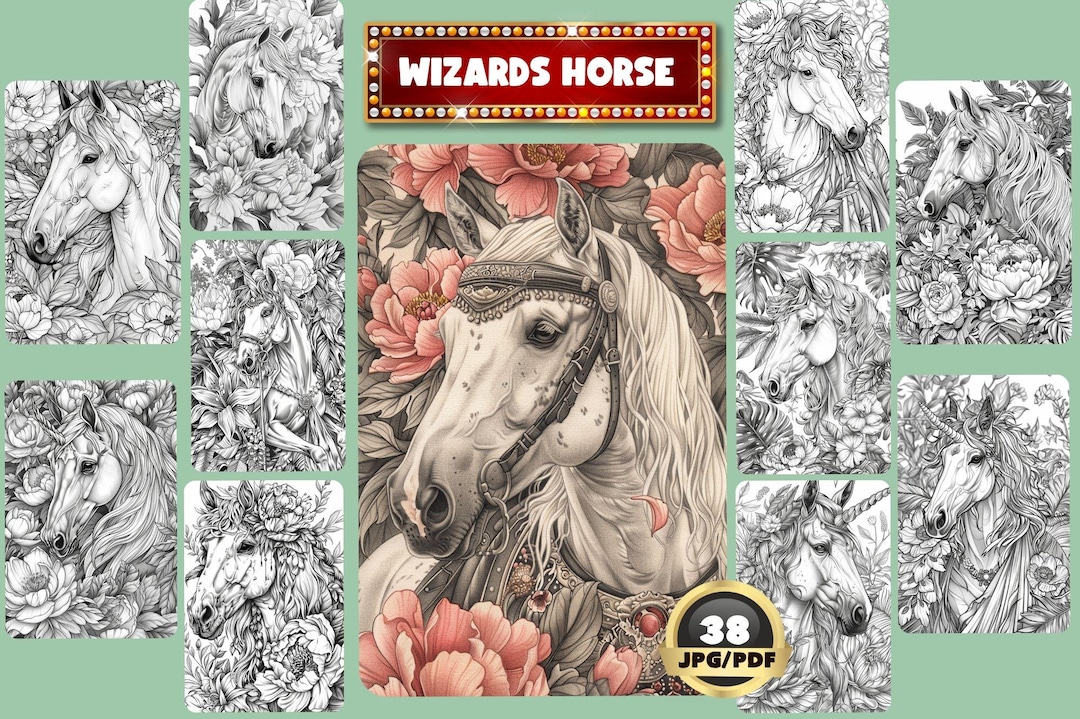 Wizard's Horse Coloring Book, Fantasy Horse, Digital Coloring, Floral ...
