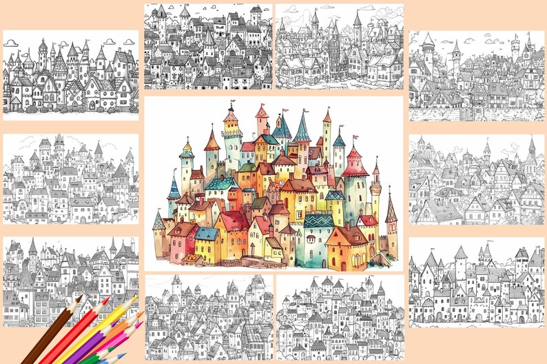 City Buildings Coloring Book, Printable PDF, Landscape Coloring, City ...