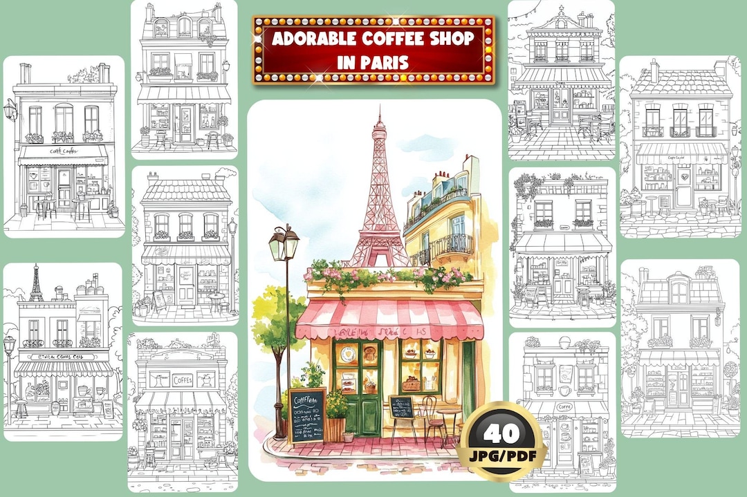 Adorable Coffee Shop in Paris Coloring Book, Cozy France Coffee Shop ...