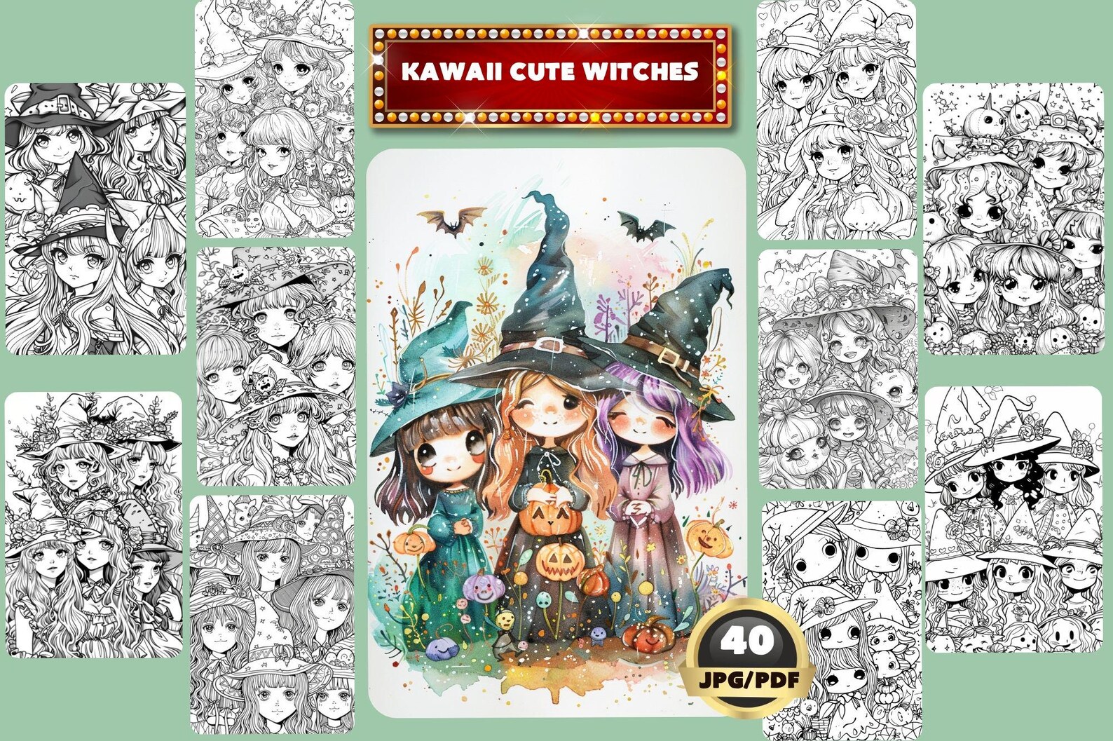 Kawaii Cute Witches Digital Coloring Book, Halloween Coloring, Relaxing ...