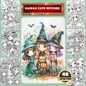 Kawaii Cute Witches Digital Coloring Book, Halloween Coloring, Relaxing ...