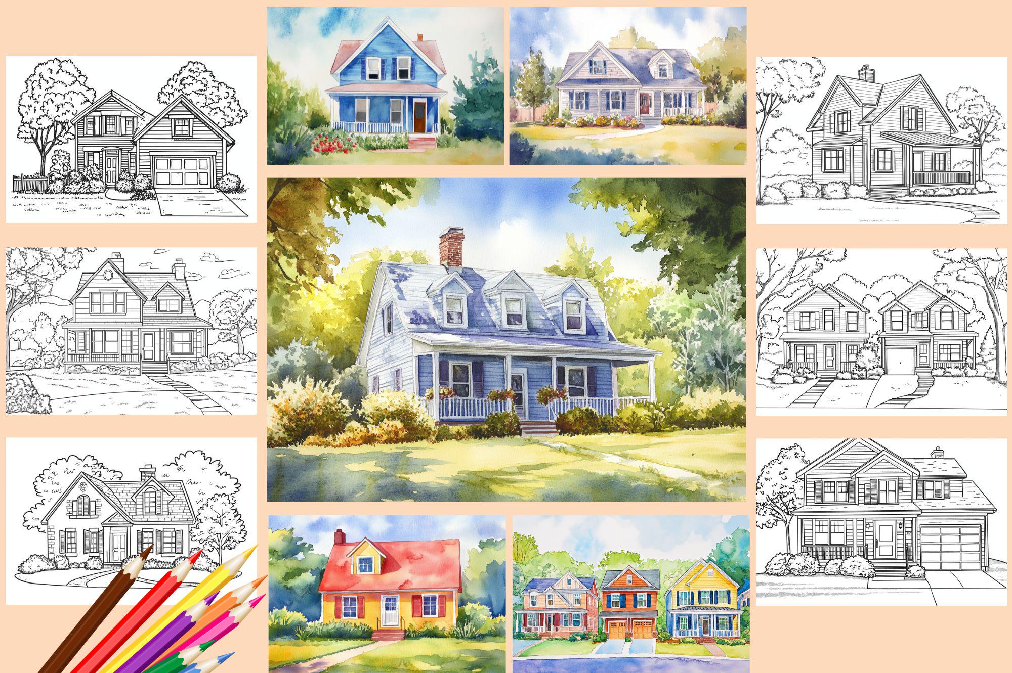 Beautiful House With Garden Digital Coloring Book, Single House With ...