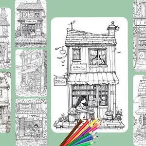 Village Book Shop Coloring Book, Digital Coloring, House Coloring, Book ...