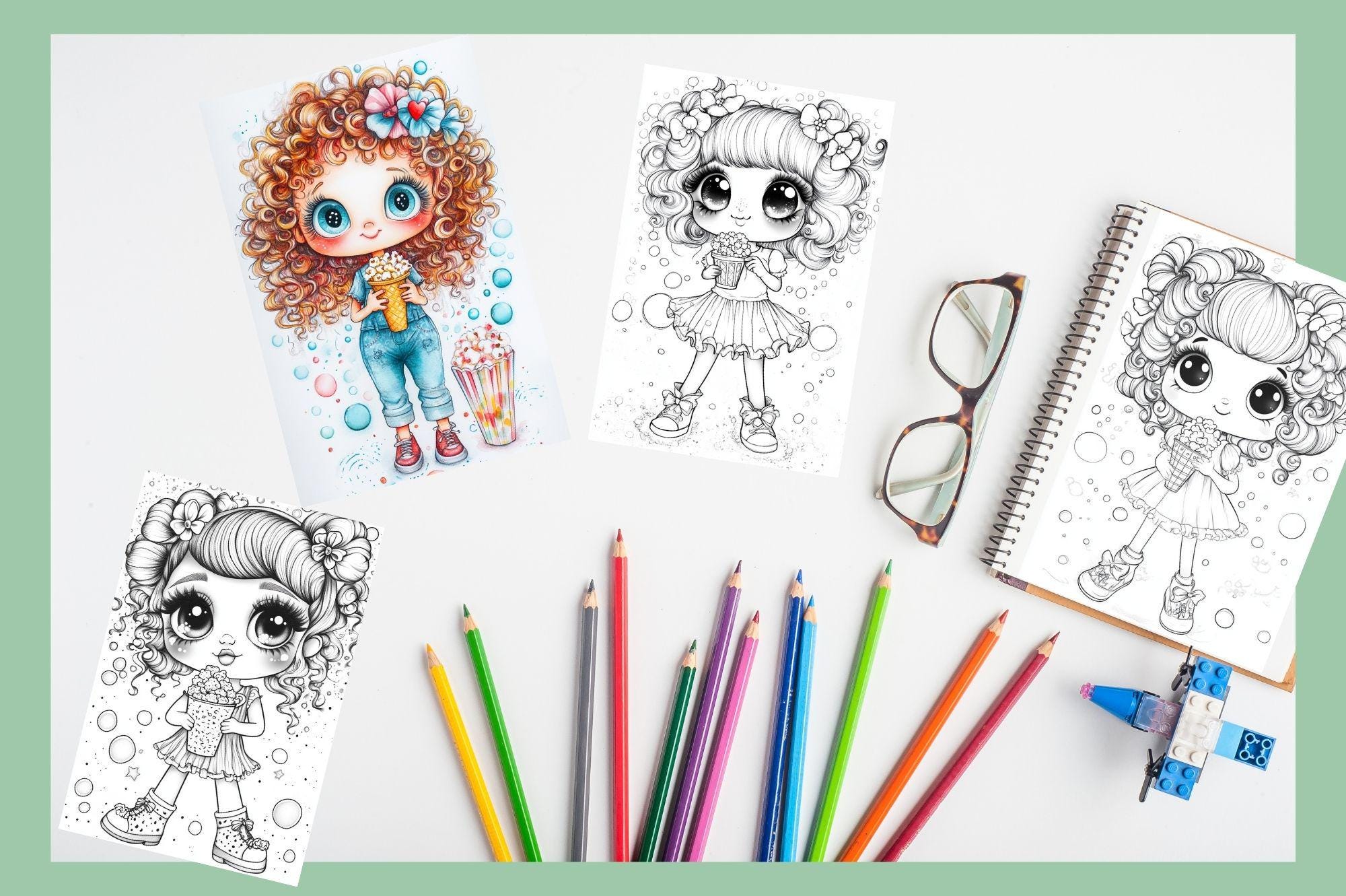 Chibi Girl Eats Popcorn Coloring Book: Kawaii Kids Printable (PDF) - Etsy