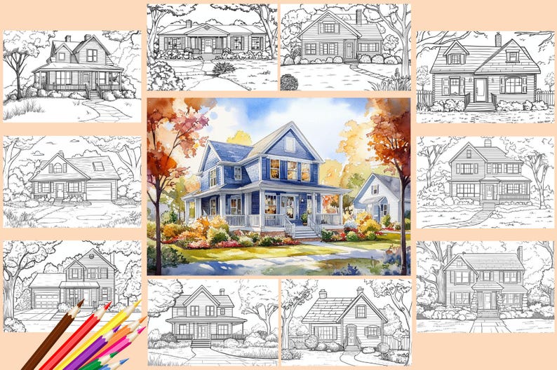 Beautiful House With Garden Digital Coloring Book, Single House With ...