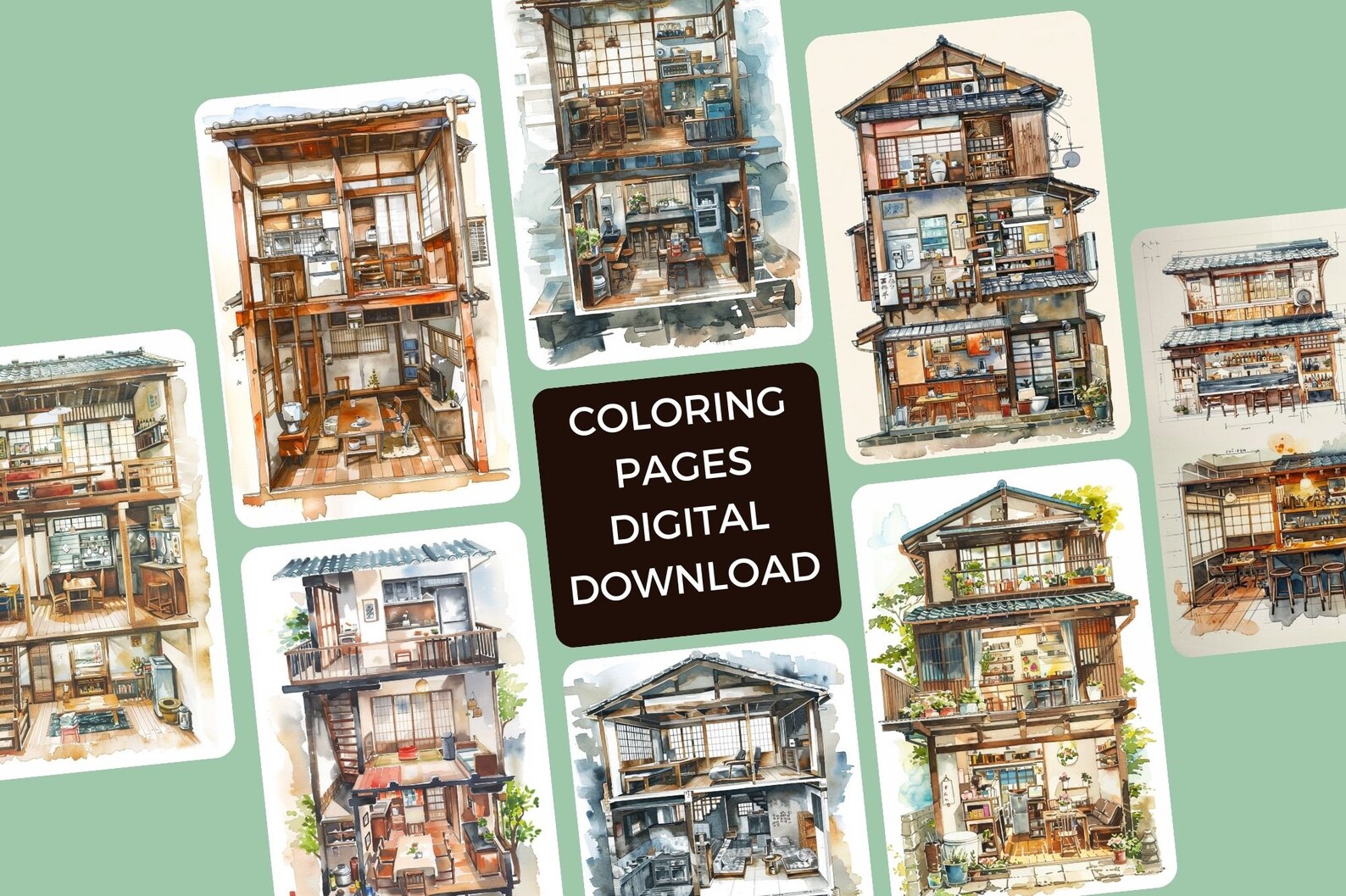 Japanese Restaurant Cross Section Coloring Book: Grayscale Interior ...