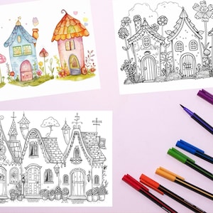 Kawaii Cartoon House Coloring Book: Relaxing Grayscale (printable PDF ...
