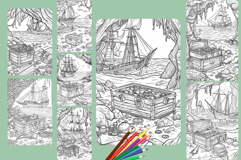Treasure Hunting Pirate Ships Digital Coloring Book, Pirate Ships ...