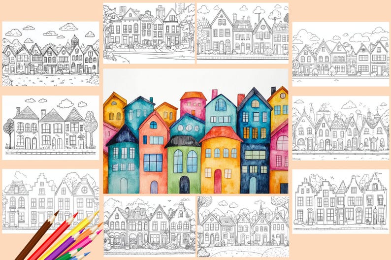 Kawaii Houses Digital Coloring Book, Storefront Coloring Page, Home ...