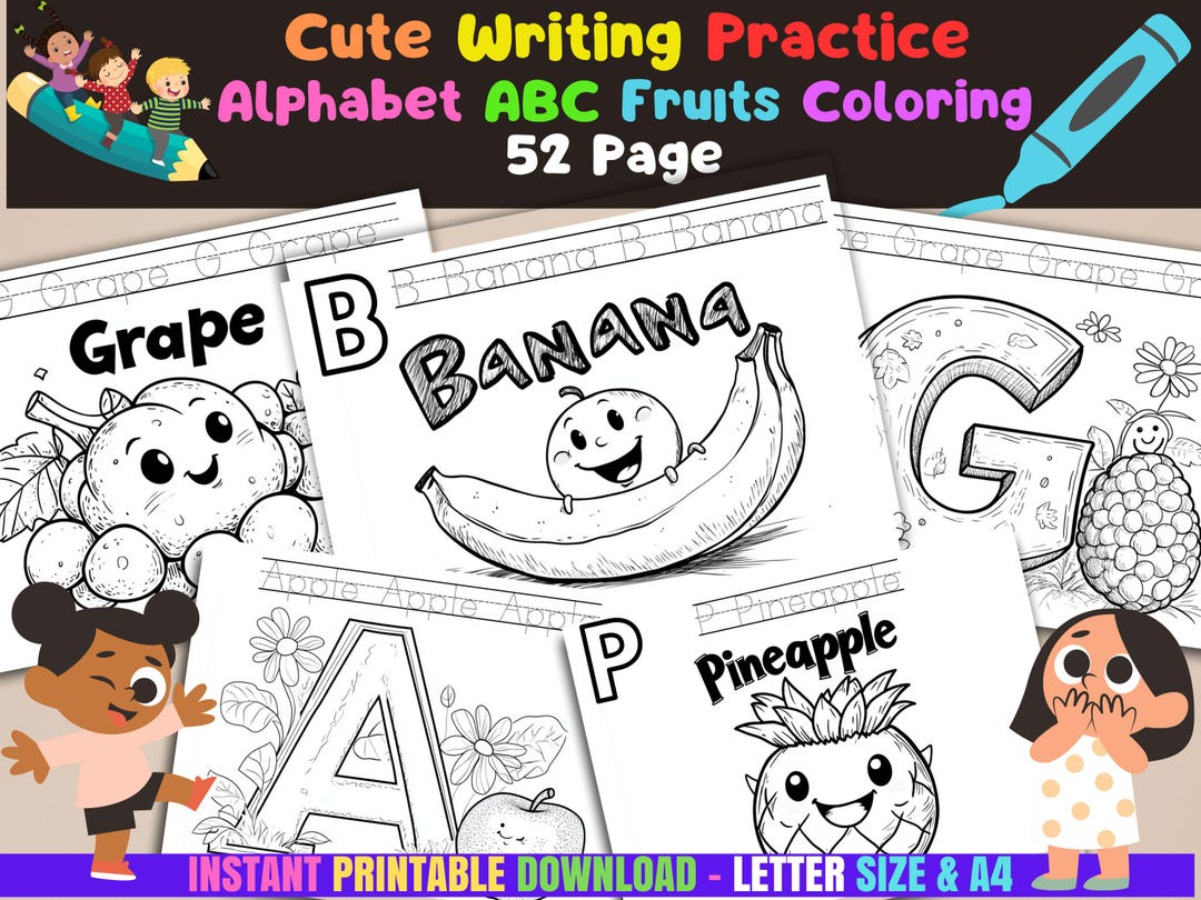 Alphabet ABC Fruit Coloring Book for Kids, A to Z Worksheet, ABC Fun ...