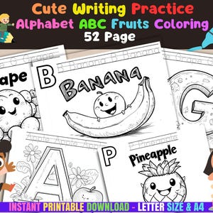 Alphabet ABC Fruit Coloring Book for Kids, A to Z Worksheet, ABC Fun ...